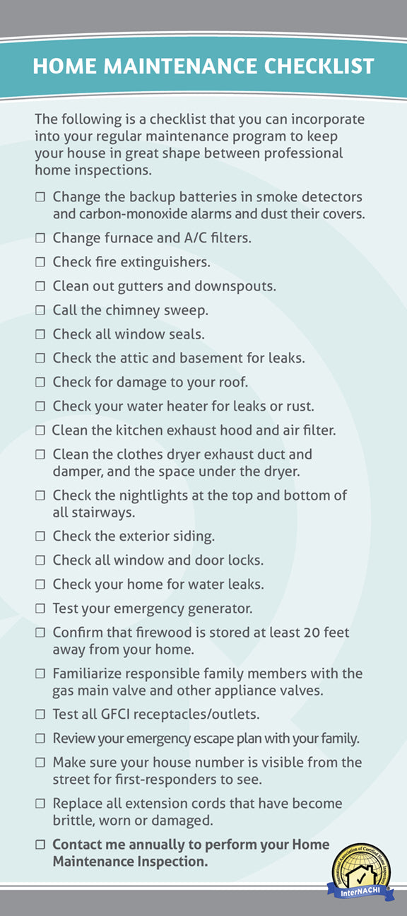 Home Maintenance Inspection Rack Card (Pack of 50) – Inspector Outlet